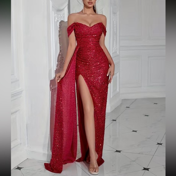 Dresses | Luxe Cold Shoulder Slit Thigh Prom Part Sequins Gown Dress ...
